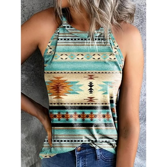 Tops | Southwestern Tribal Print Halter Neck Tank Top Turquoise Tan ...